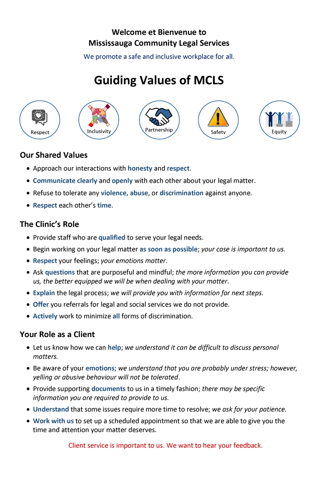 Guiding Values - Mississauga Community Legal Services